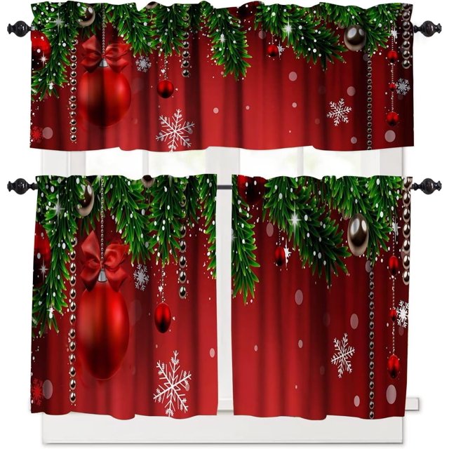 Red Christmas Kitchen Curtains and Valances Set Red Floral Snowflake ...