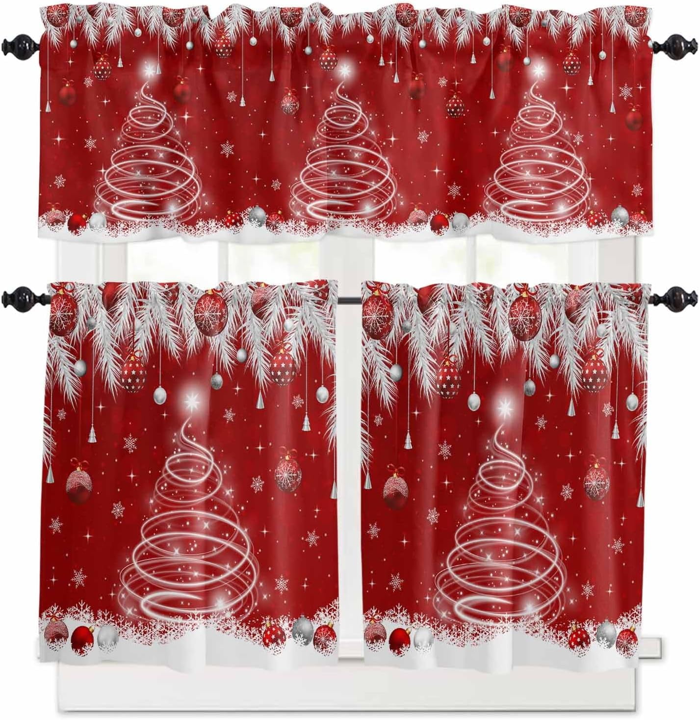 Red Christmas Kitchen Curtains and Valances Set, Rod Pocket Curtains ...
