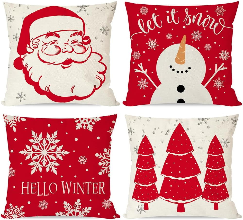 Red Christmas Pillow Covers 20x20 Set of 4 Vintage Farmhouse Santa ...