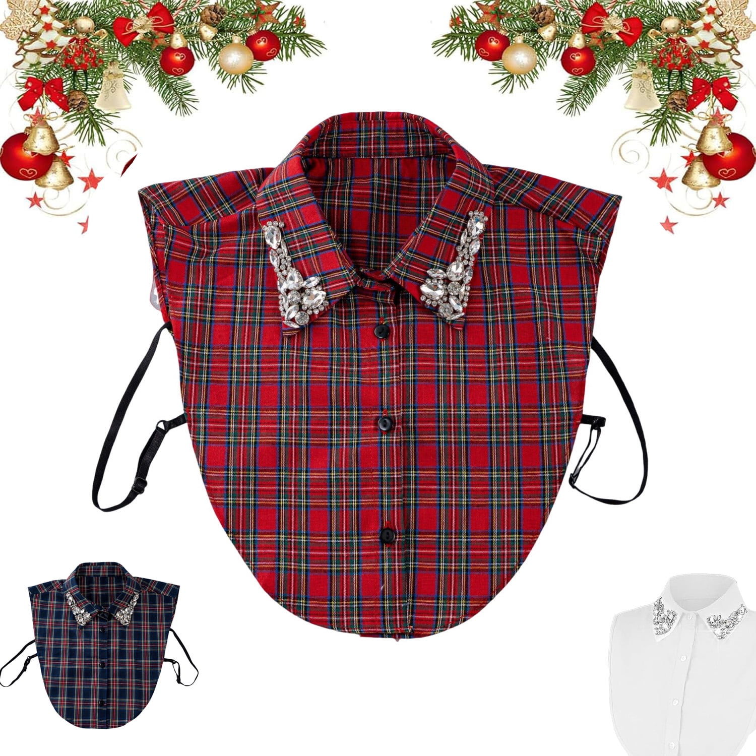 Red Christmas Plaid Rhinestone Detachable Collar, Half Shirt Blouse ...
