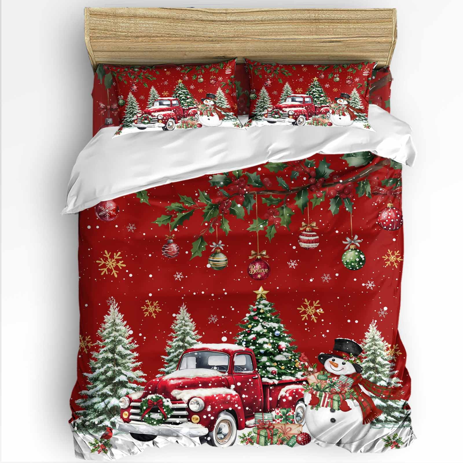 Red Christmas Queen Size Comforter Set, Xmas Snowman Truck Snowflake ...