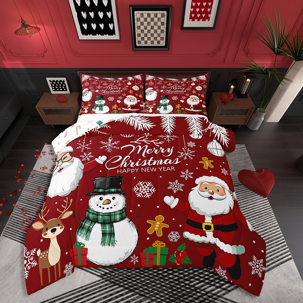 Red Christmas Quilt Set Cute Snowman Santa Claus Bedding Set Queen ...