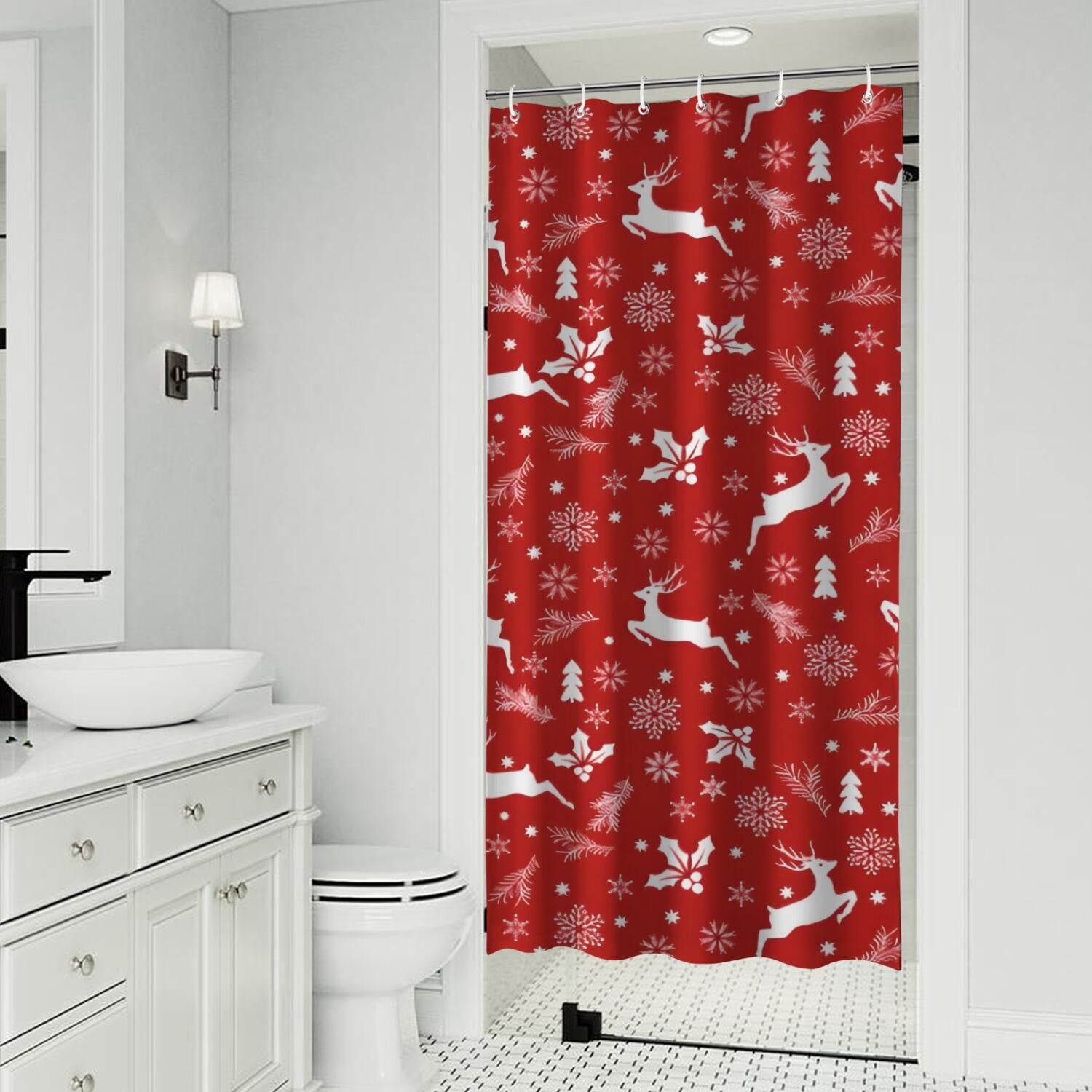 Red Christmas Reindeer and Snowflake Pattern Shower Curtain 36"x72 ...