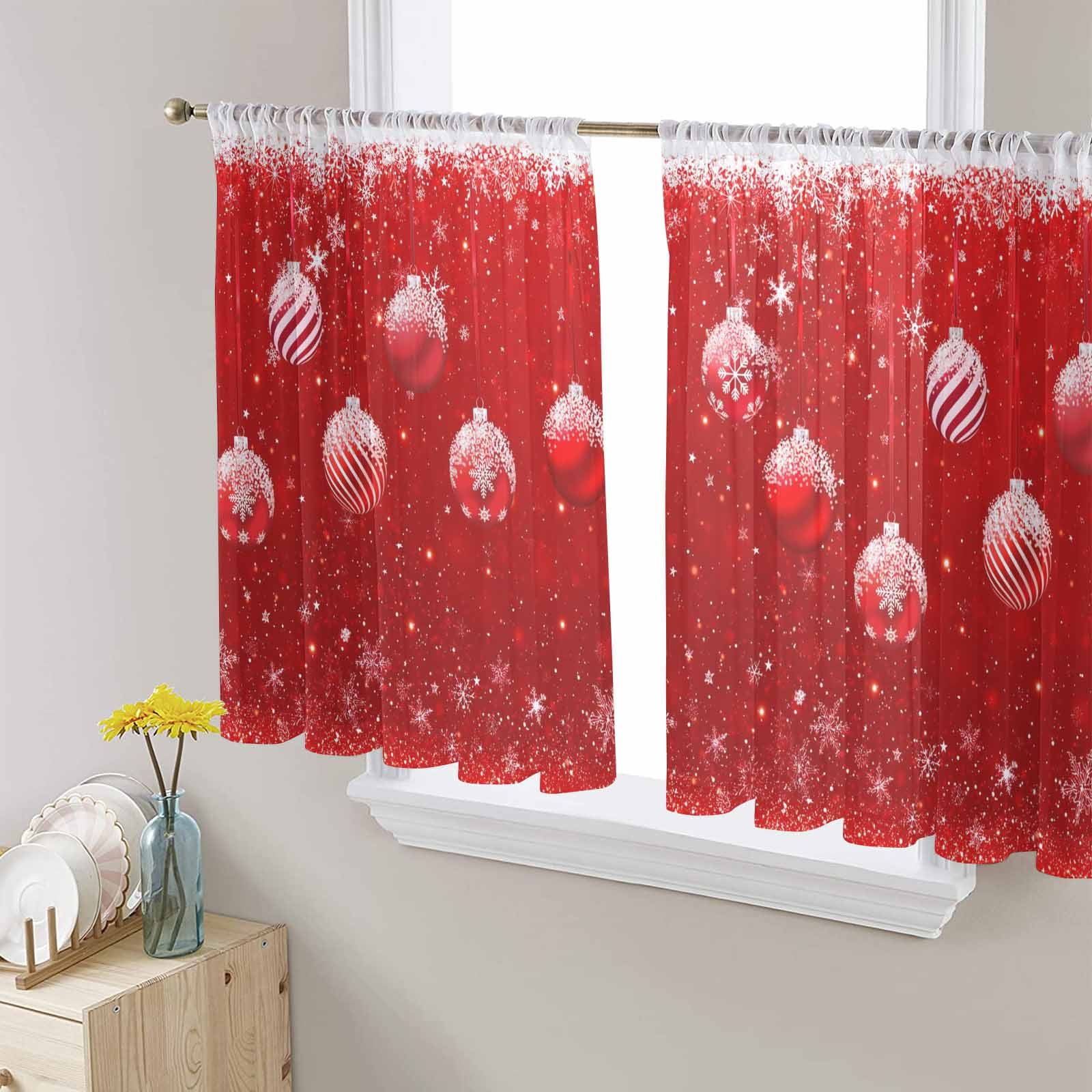 Red Christmas Semi Sheer Curtains 45 Inch Length 2 Panels Set ...