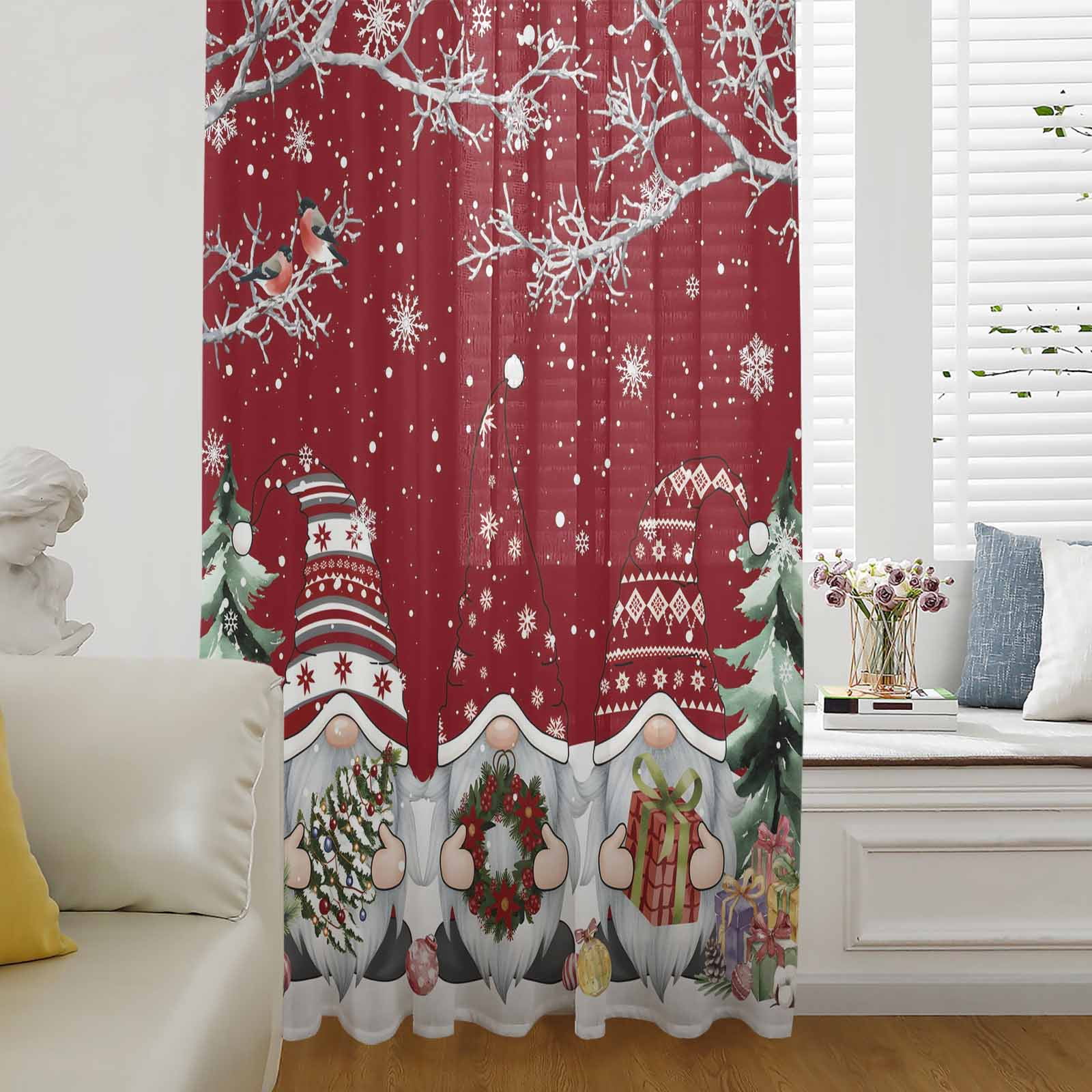 Red Christmas Semi Sheer Curtains Drapes for Living Room, Bedroom ...