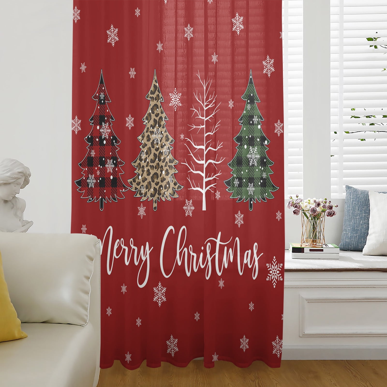 Red Christmas Semi Sheer Curtains Drapes for Living Room, Bedroom ...