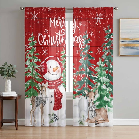 Red Christmas Sheer Curtains 72 Inch Length 2 Panels Set, Xmas Trees ...