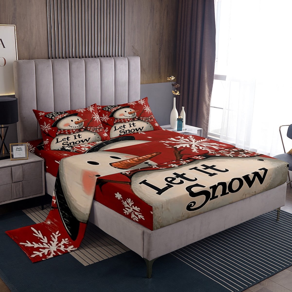 Red Christmas Sheet Set,Cute Oil Painting Snowman Bed Sheets Set Queen ...