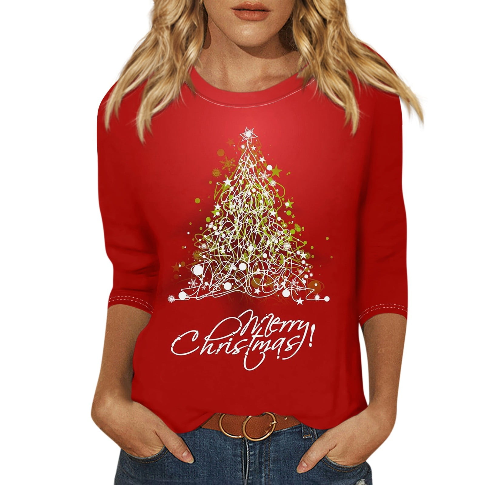 Red Christmas Shirt Women 3/4 Length Sleeve Womens Tops Holiday Tee ...