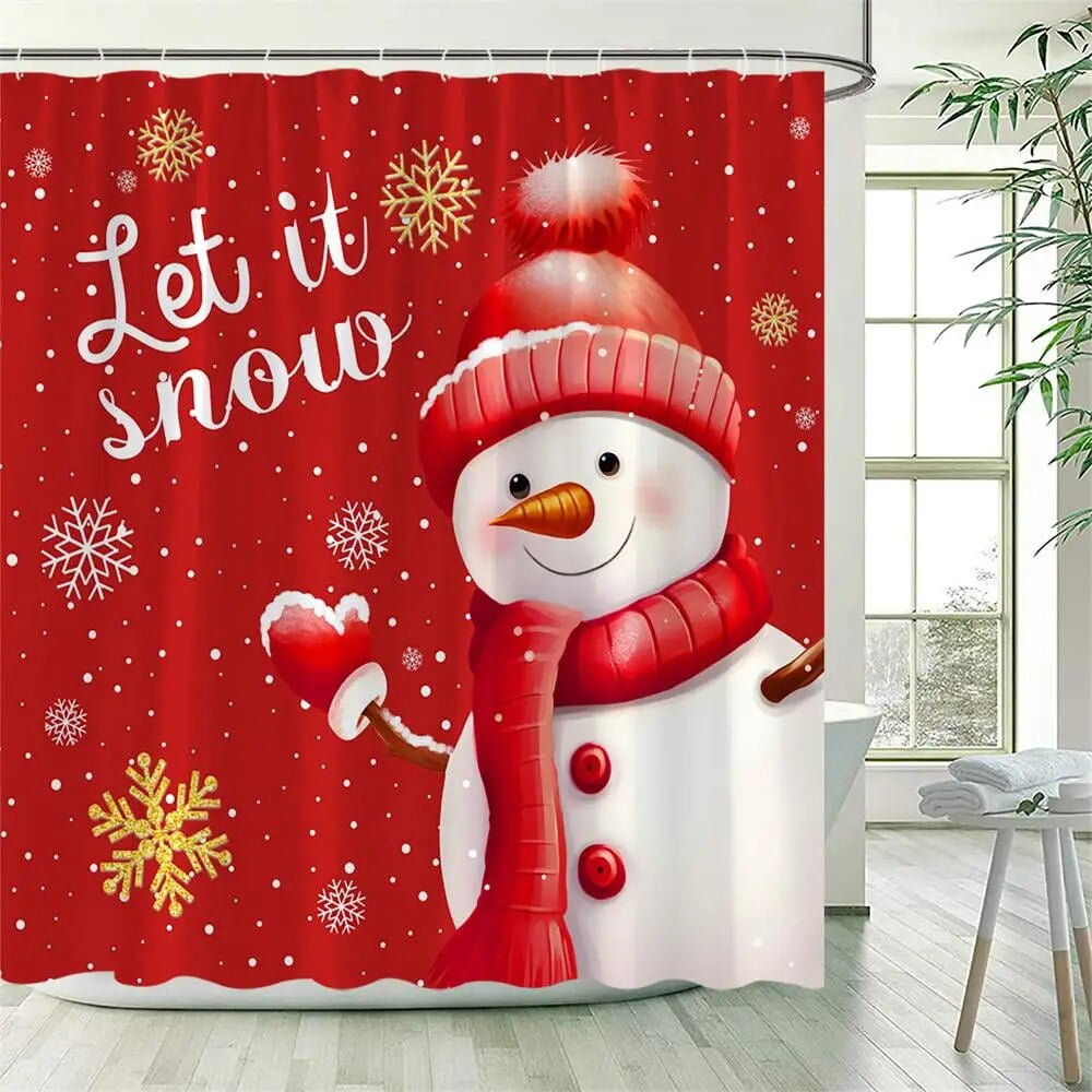 Red Christmas Shower Curtain Set Funny Santa Claus Snowman Xmas Tree