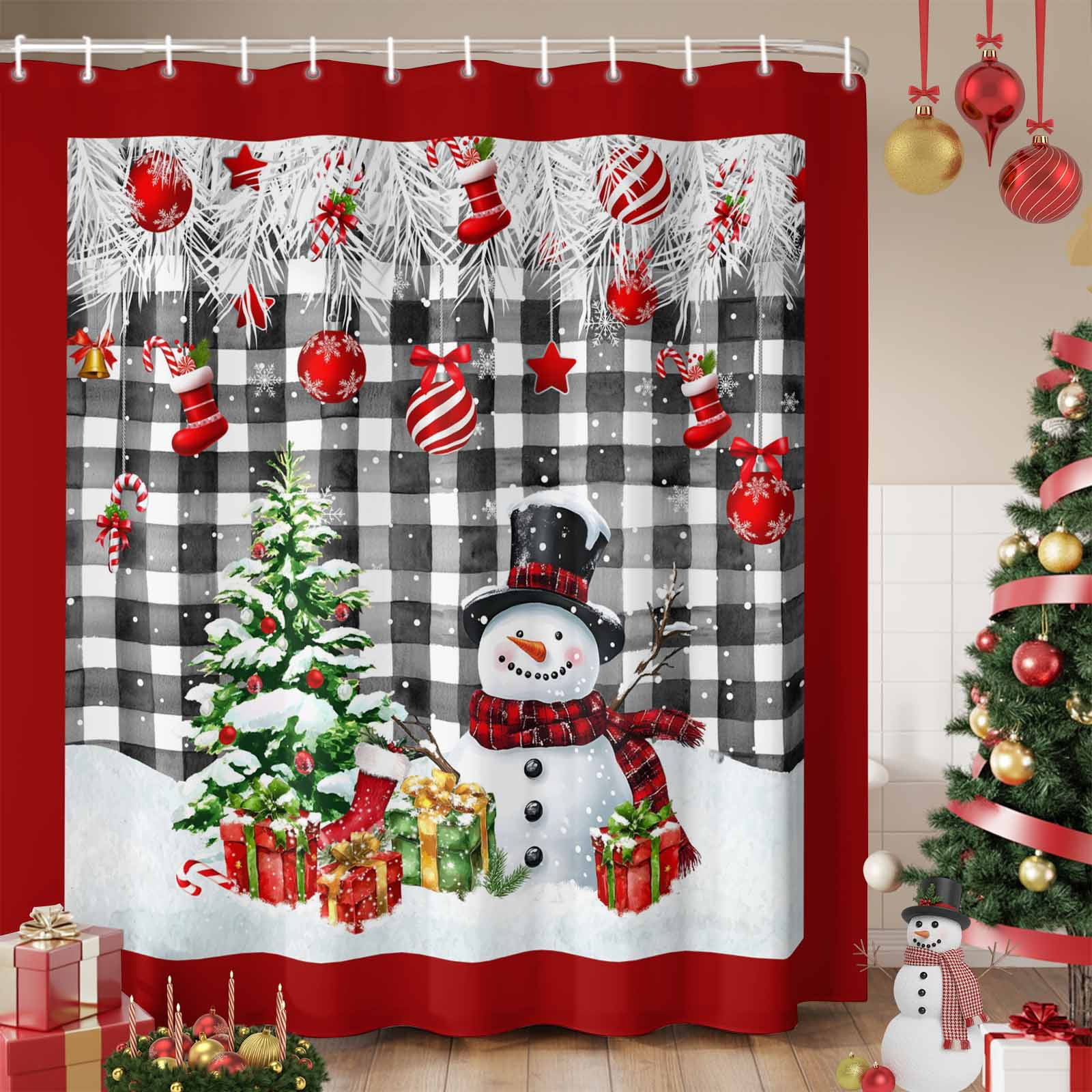 Red Christmas Shower Curtain, Xmas Snowman Balls Tree Gifts Black Plaid ...