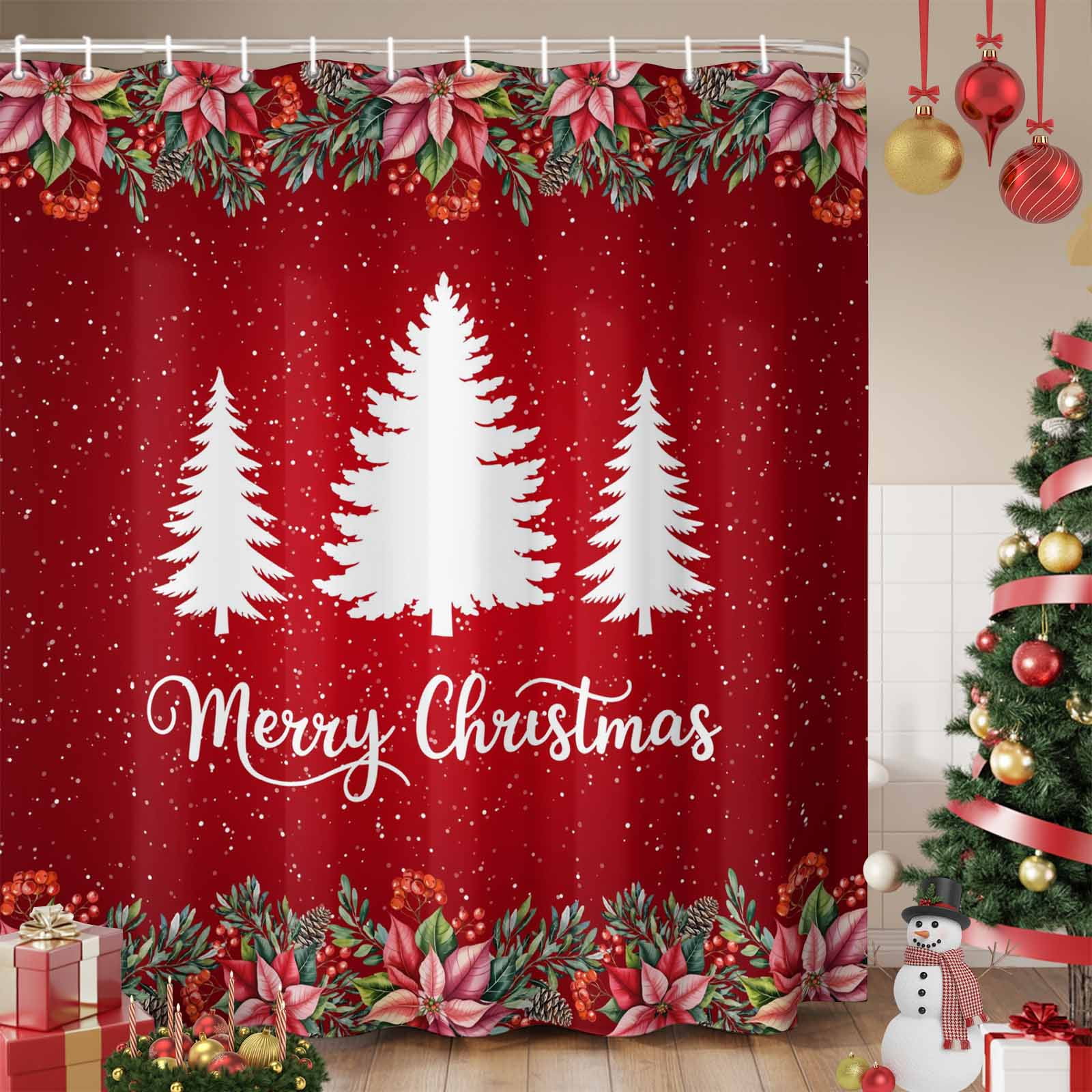 Red Christmas Shower Curtain, Xmas Tree Snowflake Poinsettia Waterproof ...