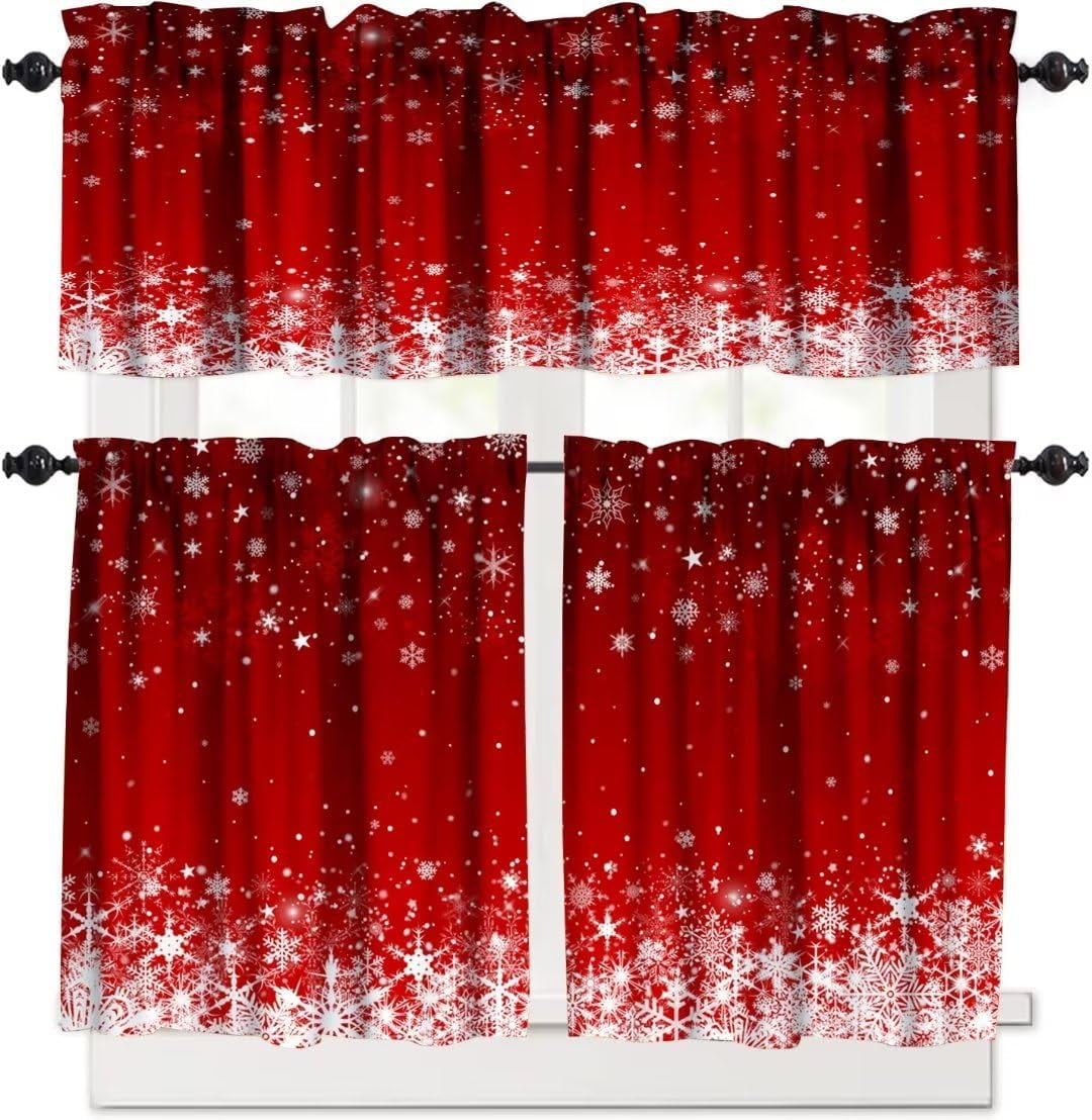 Red Christmas Snowflakes Curtain Set, Merry Xmas Holiday Window ...