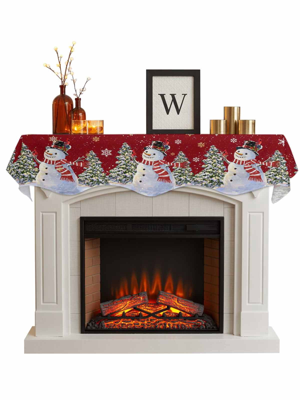 Red Christmas Snowman Fireplace Mantle Scarf, Winter Xmas Tree ...