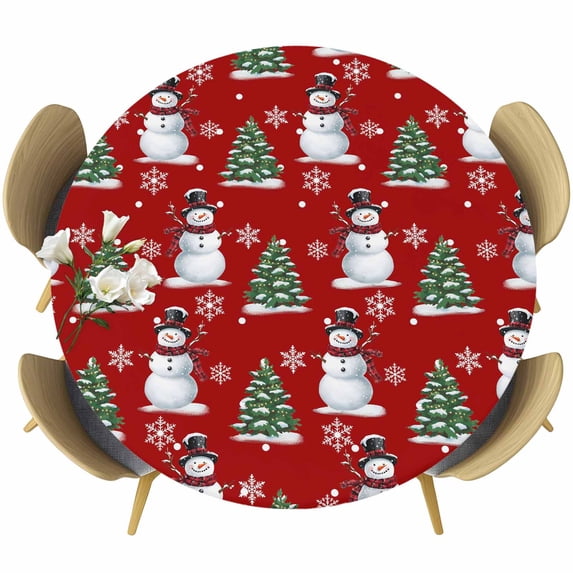 Red Christmas Snowman Round Tablecloth, Fitted Table Cover with Elastic ...