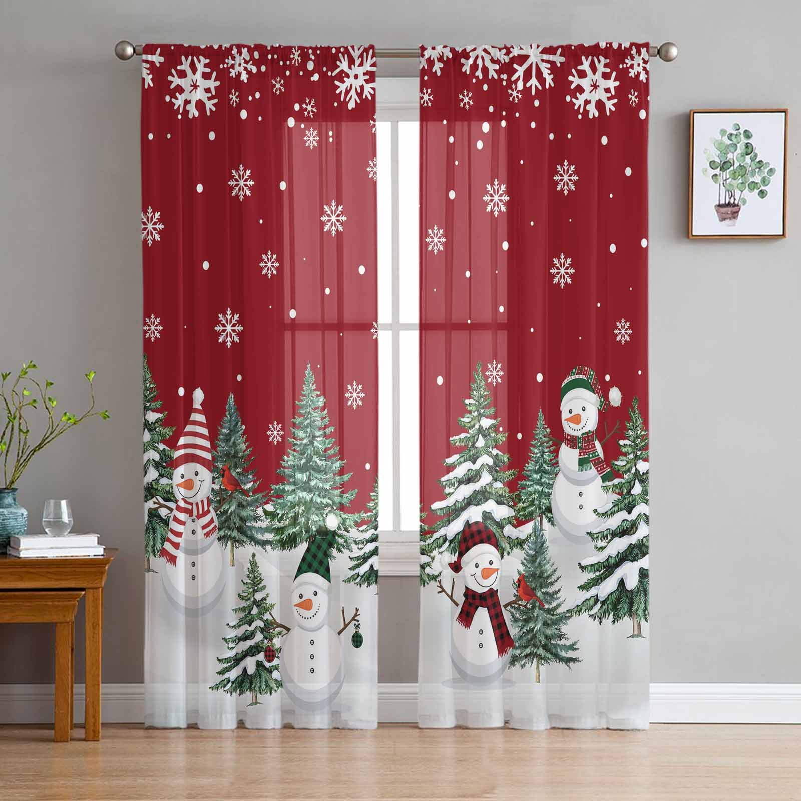 Red Christmas Snowman Semi Sheer Curtains 72 Inch Length 2 Panels Set ...