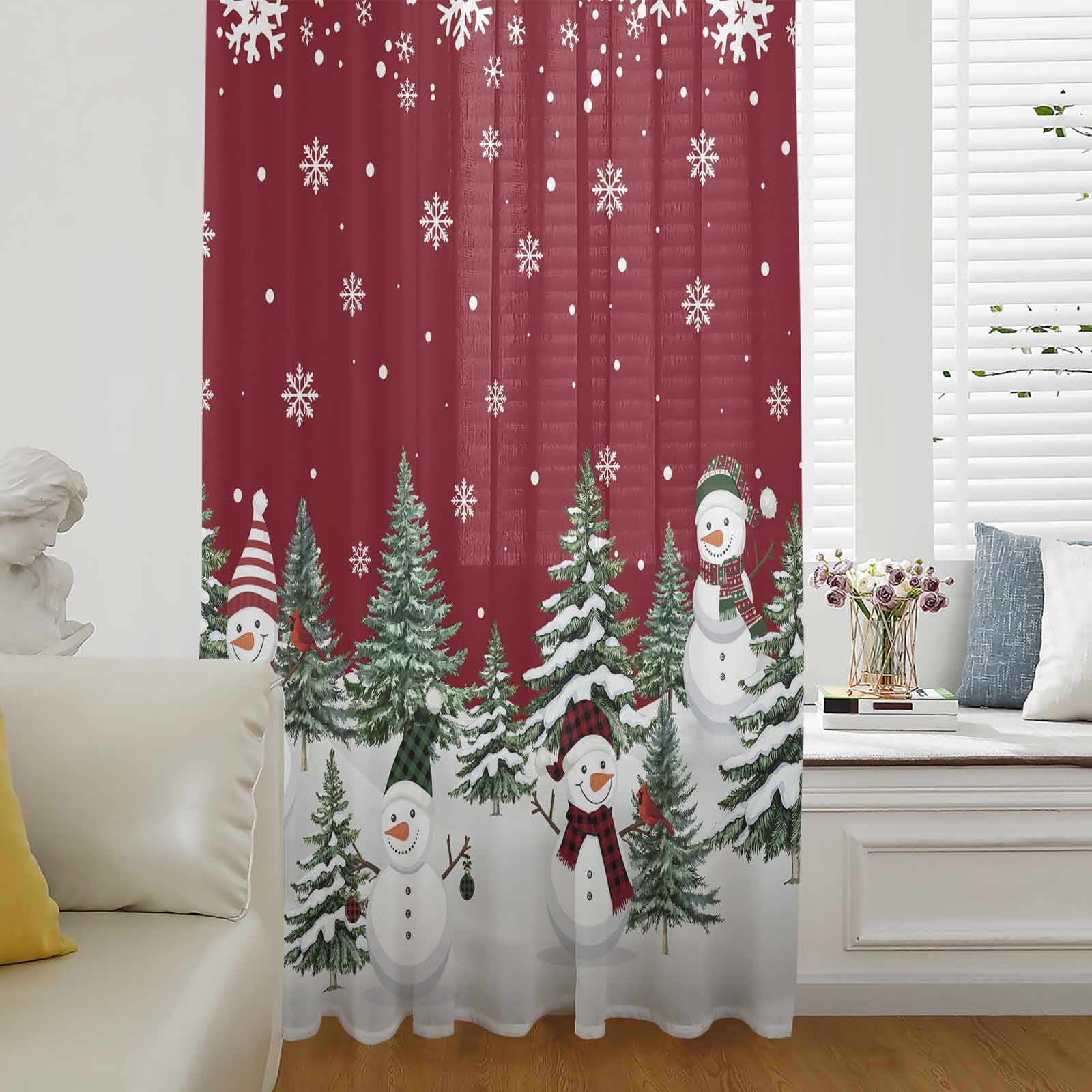 Red Christmas Snowman Semi Sheer Curtains Drapes for Living Room ...