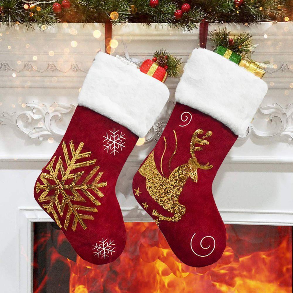 Red Christmas Stockings, 17 Inch Gold Embroidery Snowflake/ Elk ...
