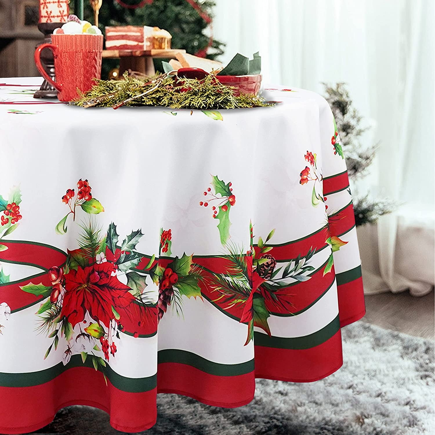 Red Christmas Table Cloth Round 60" x 84" (6-8 Seats)- Washable ...