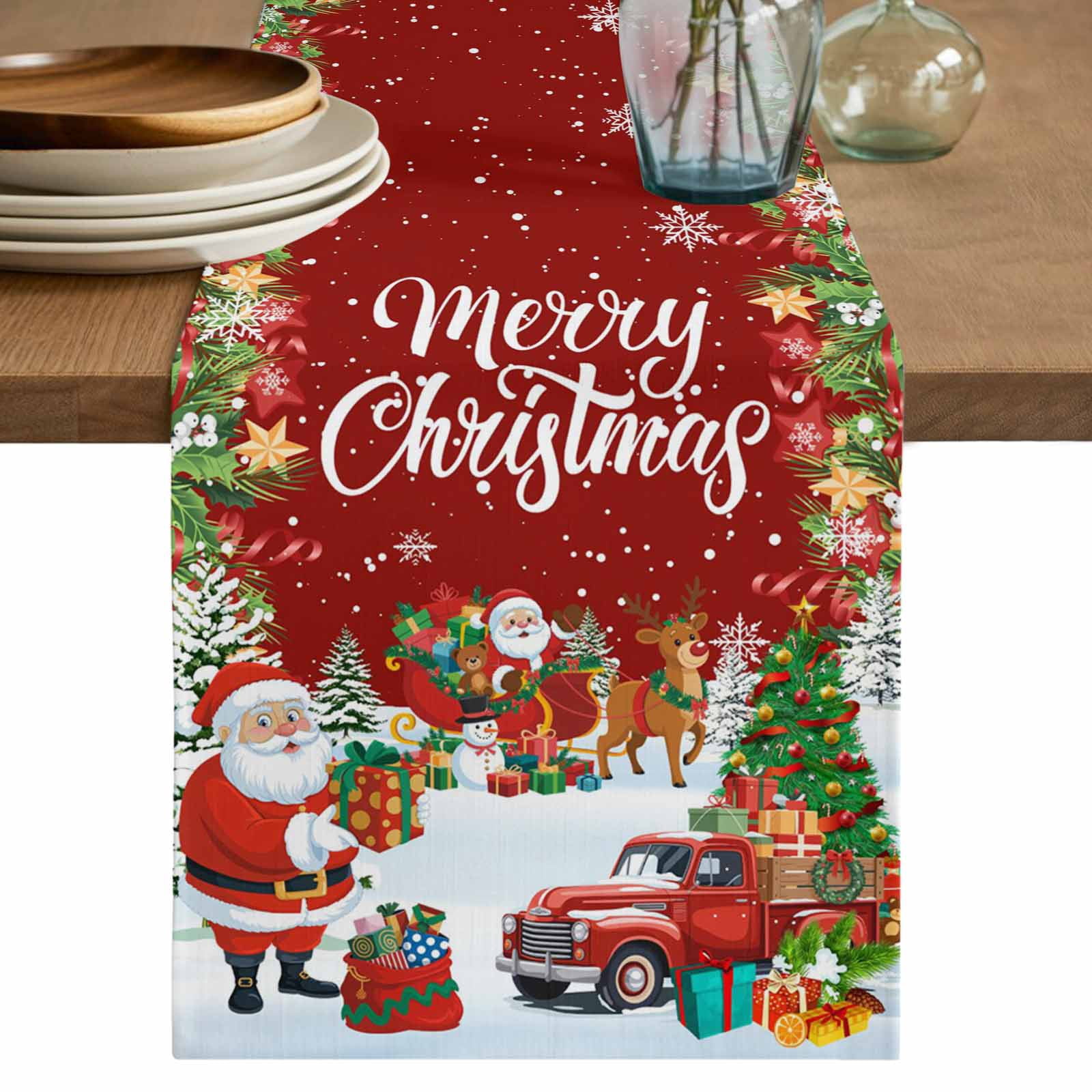 Red Christmas Table Runner 108 Inches, Xmas Santa Truck Tree Snowflake ...