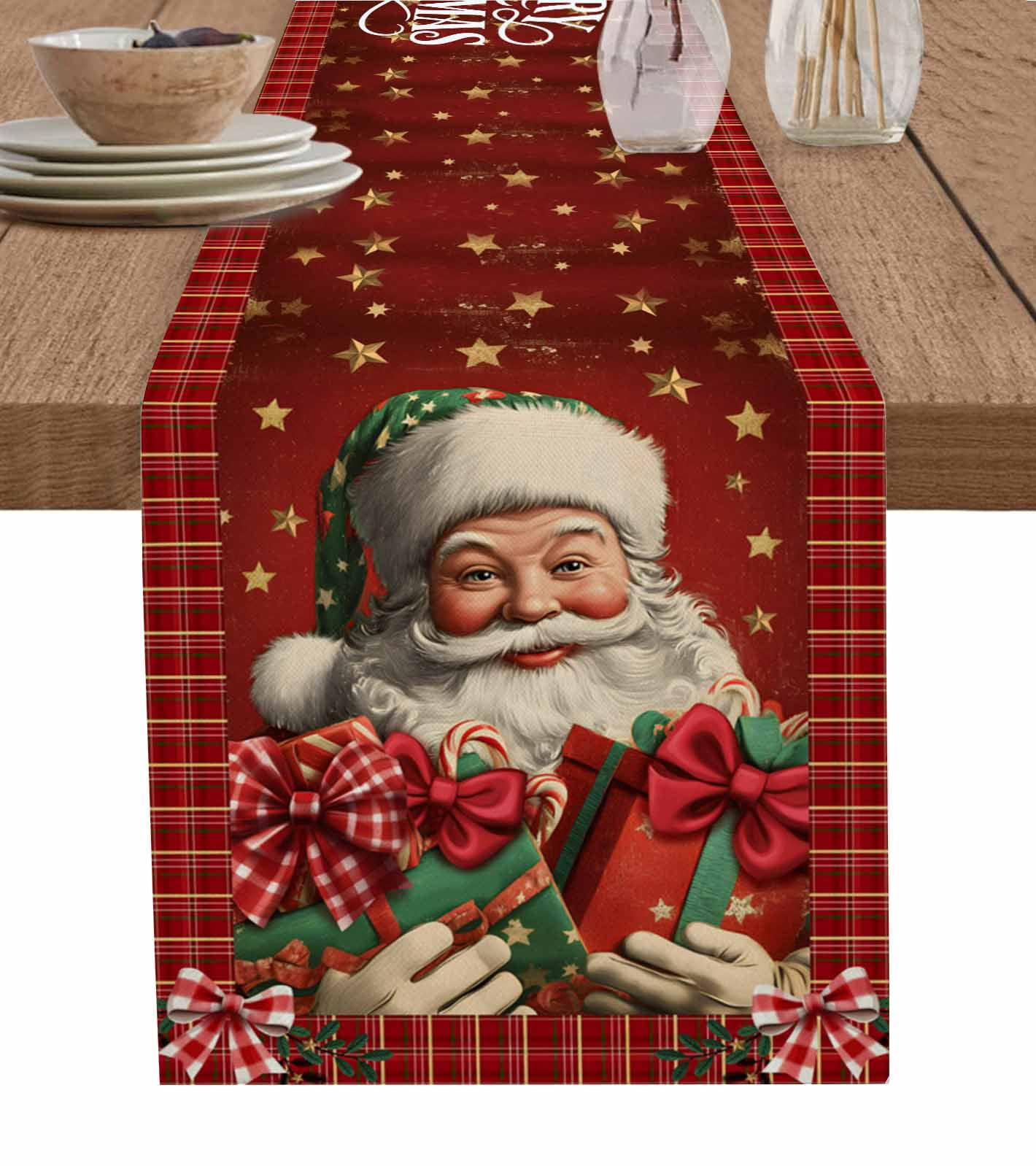 Red Christmas Table Runner 36 Inches, Winter Santa Claus Xmas Bow Plaid ...