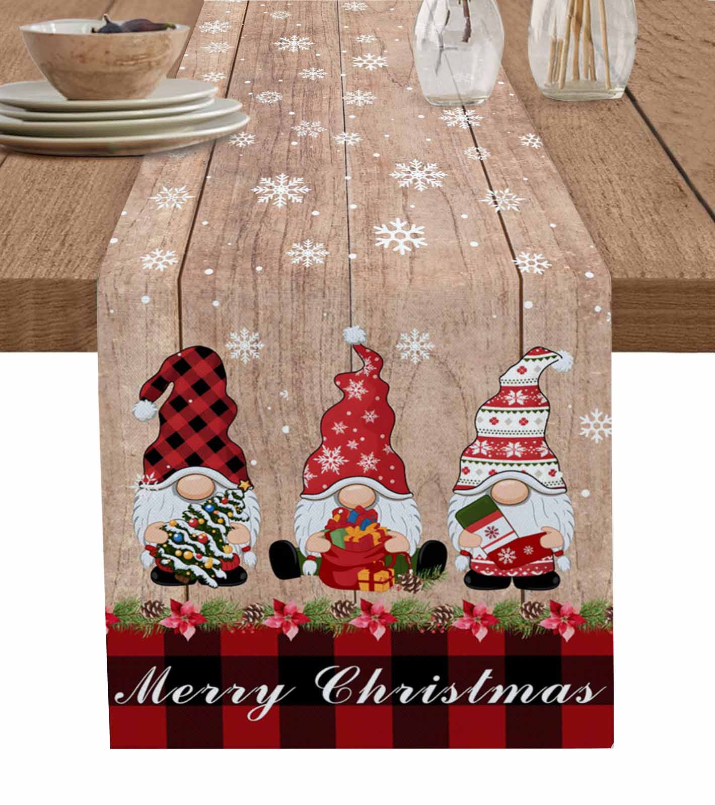 Red Christmas Table Runner 72 Inches, Plaid Gnomes Xmas Snowflake ...
