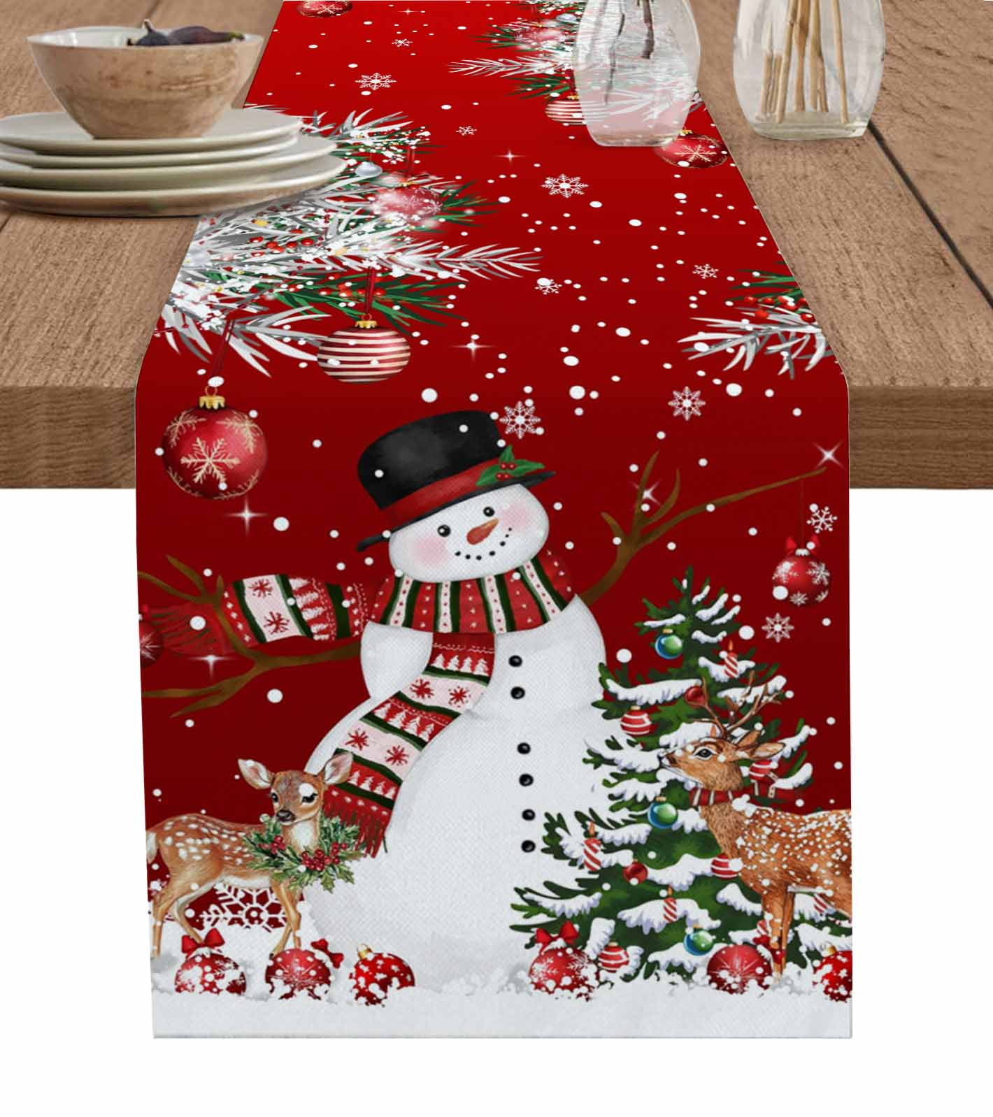 Red Christmas Table Runner 72 Inches, Snowman Xmas Tree Ball Elk ...
