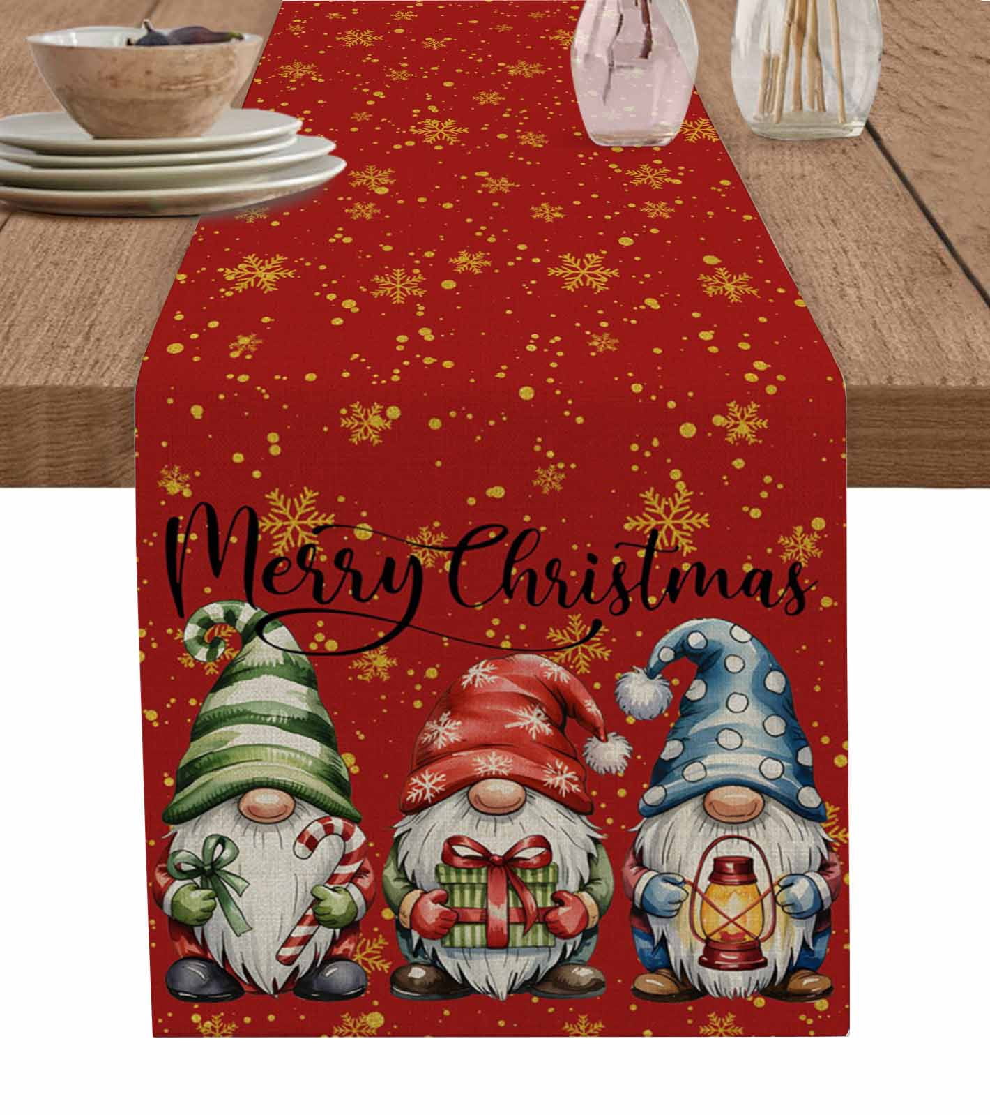 Red Christmas Table Runner 72 Inches, Winter Cartoon Xmas Gnomes ...