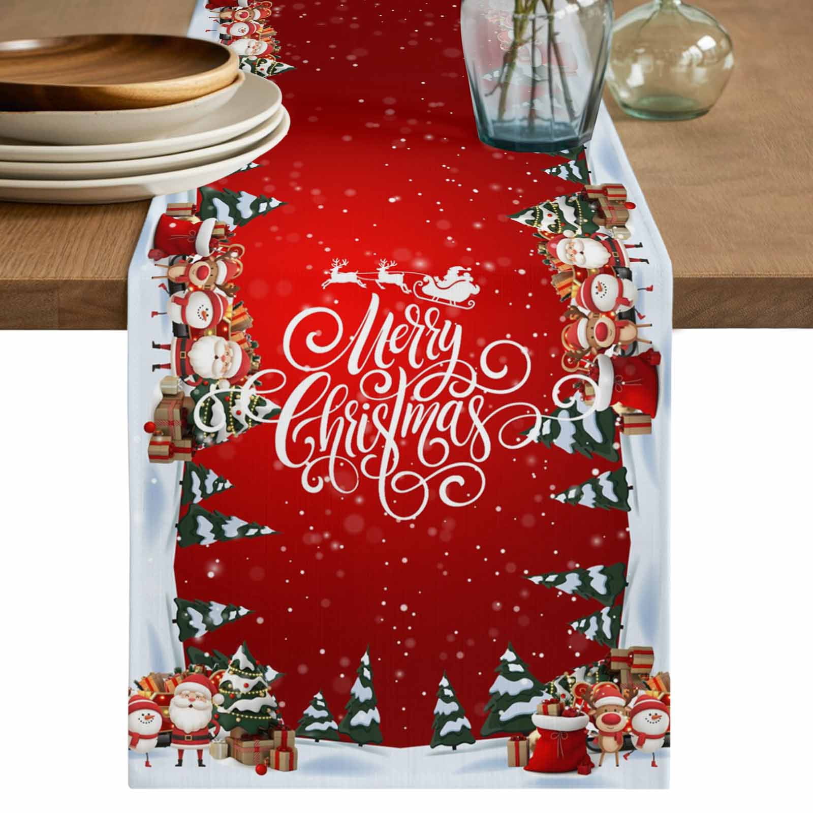 Red Christmas Table Runner 72 Inches, Winter Santa Claus Snowman Deer ...