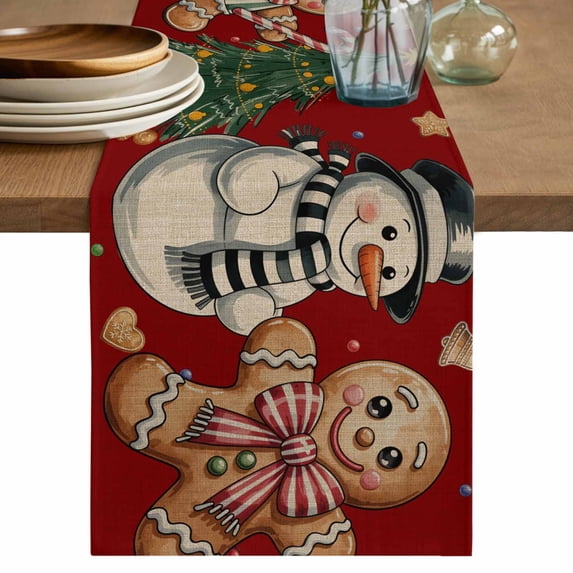 Red Christmas Table Runner 72 Inches, Xmas Tree Gingerbread Snowman ...