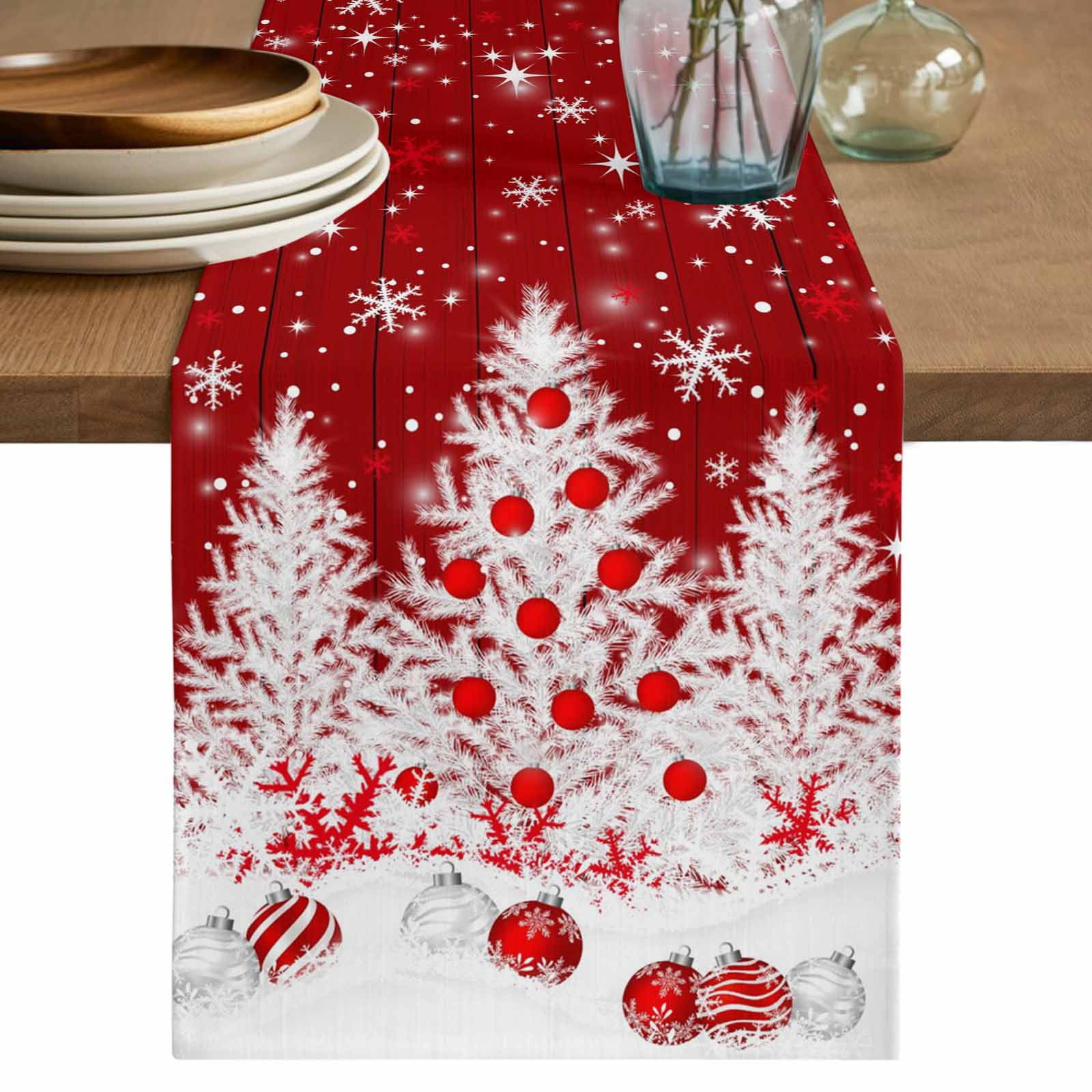 Red Christmas Table Runner 90 Inches, Snowflake Xmas Tree Ball Wooden ...