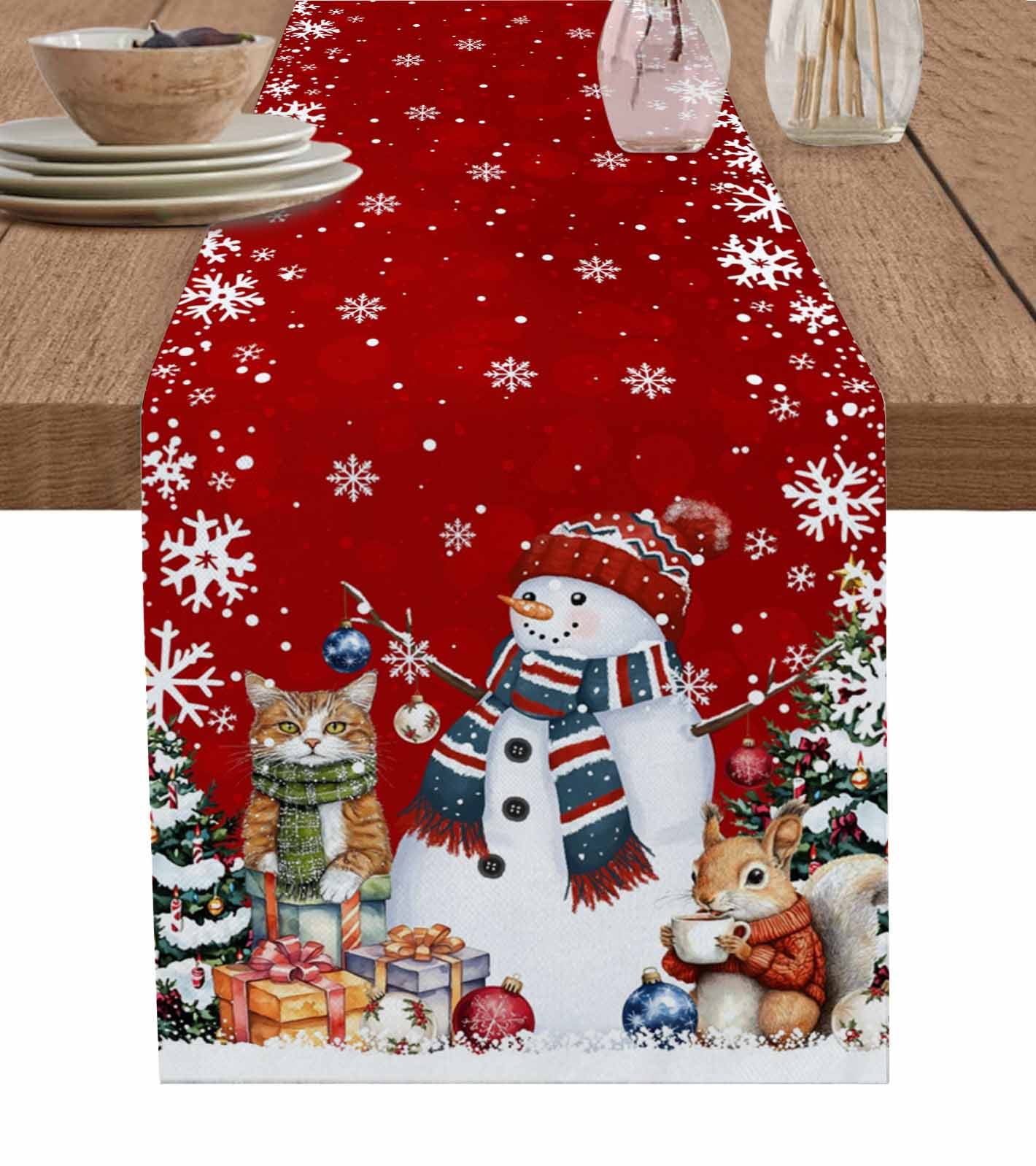 Red Christmas Table Runner 90 Inches, Snowman Pine Tree Animals Winter ...