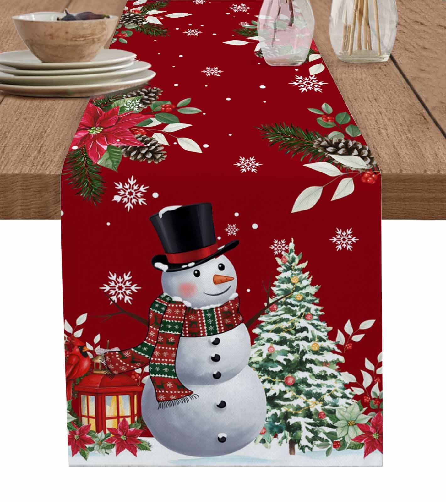Red Christmas Table Runner 90 Inches, Snowman Xmas Tree Poinsettia ...