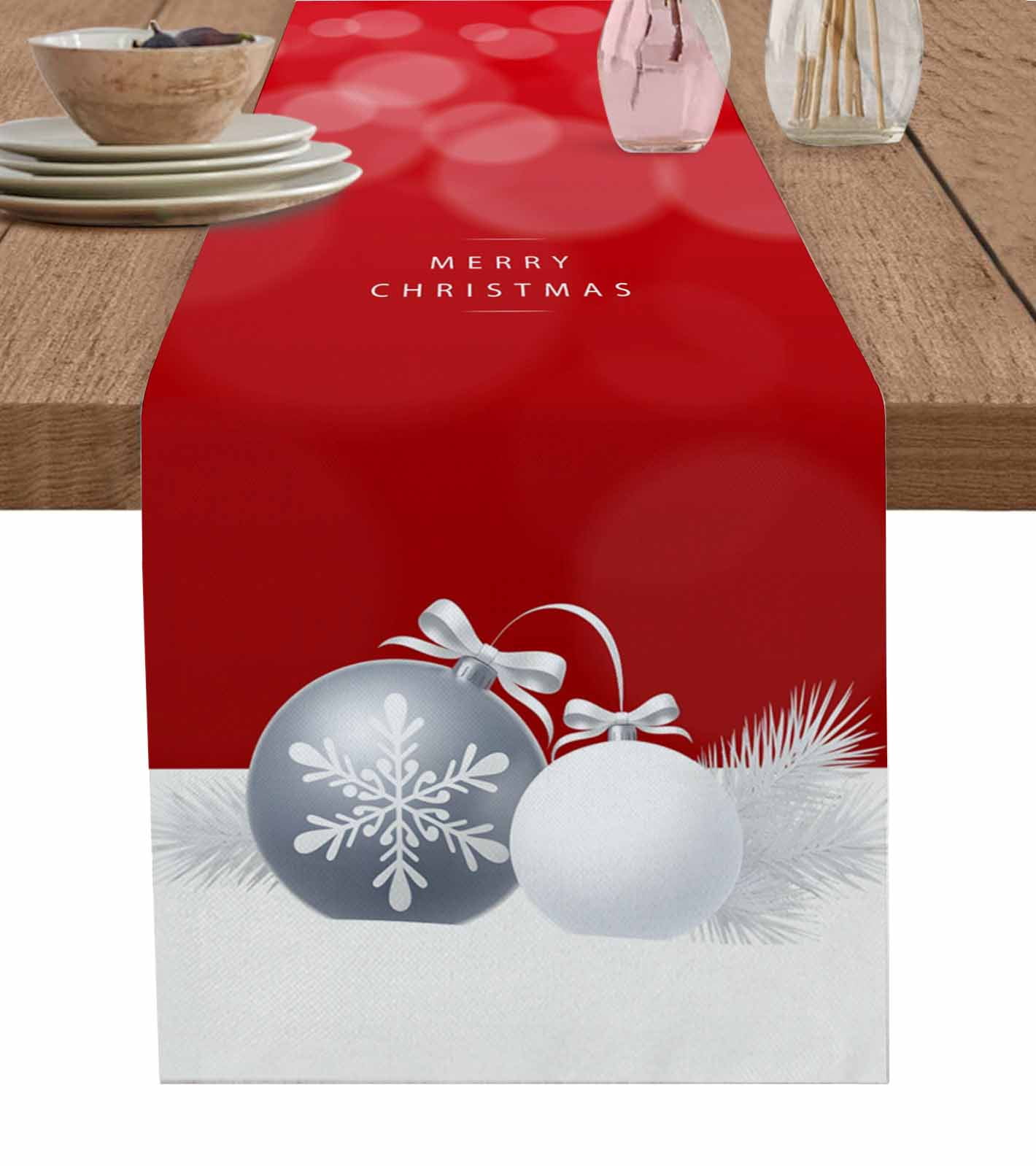 Red Christmas Table Runner 90 Inches, Xmas Balls Pine Needles ...
