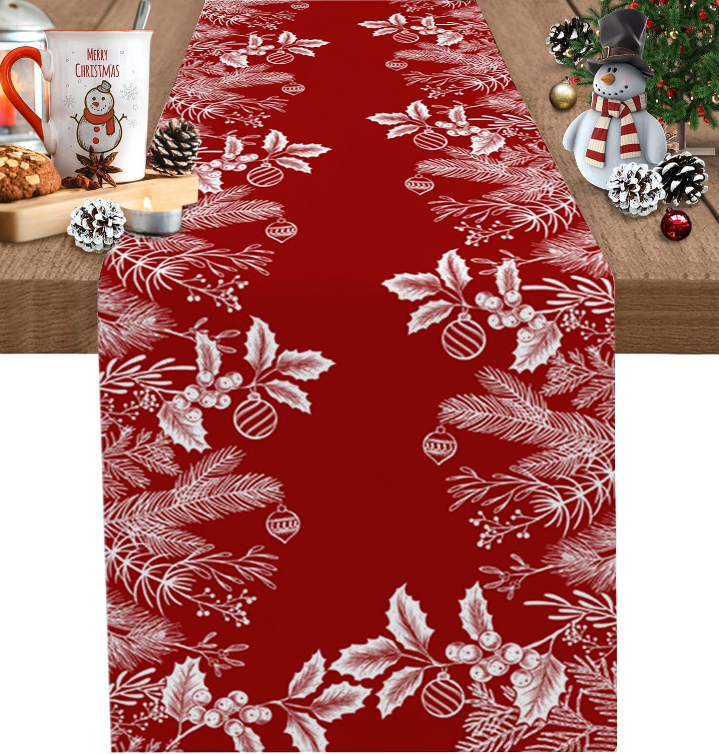 Red Christmas Table Runner, Floral Pine Leaf Xmas Balls Cotton Linen ...