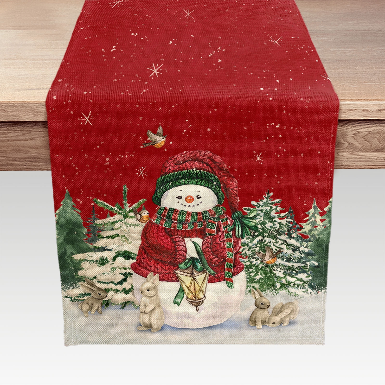 Red Christmas Table Runner, Winter Cute Snowman Table Runner, Birds ...