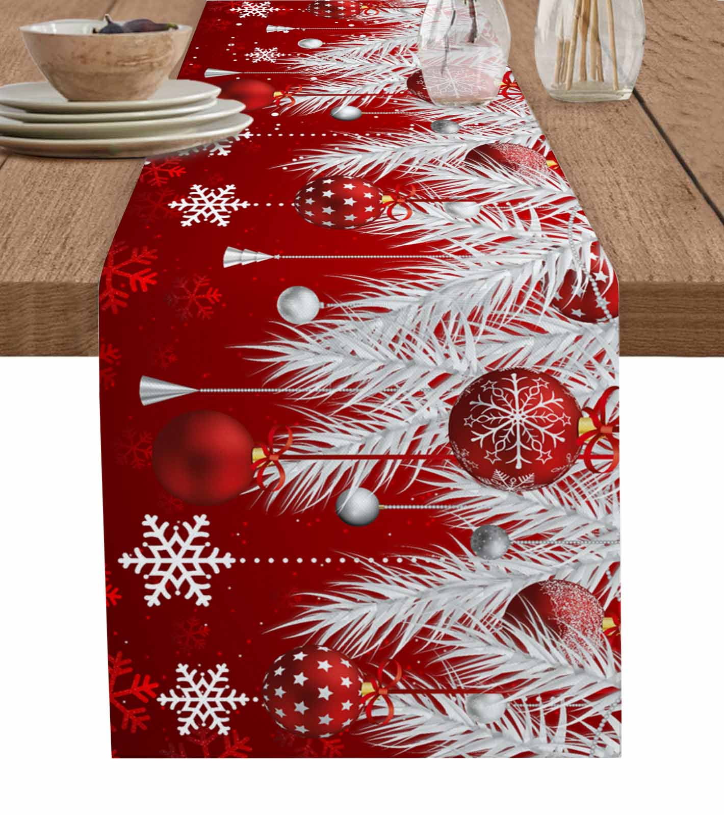 Red Christmas Table Runner Xmas Balls Snowflake Silver Pine Needles ...