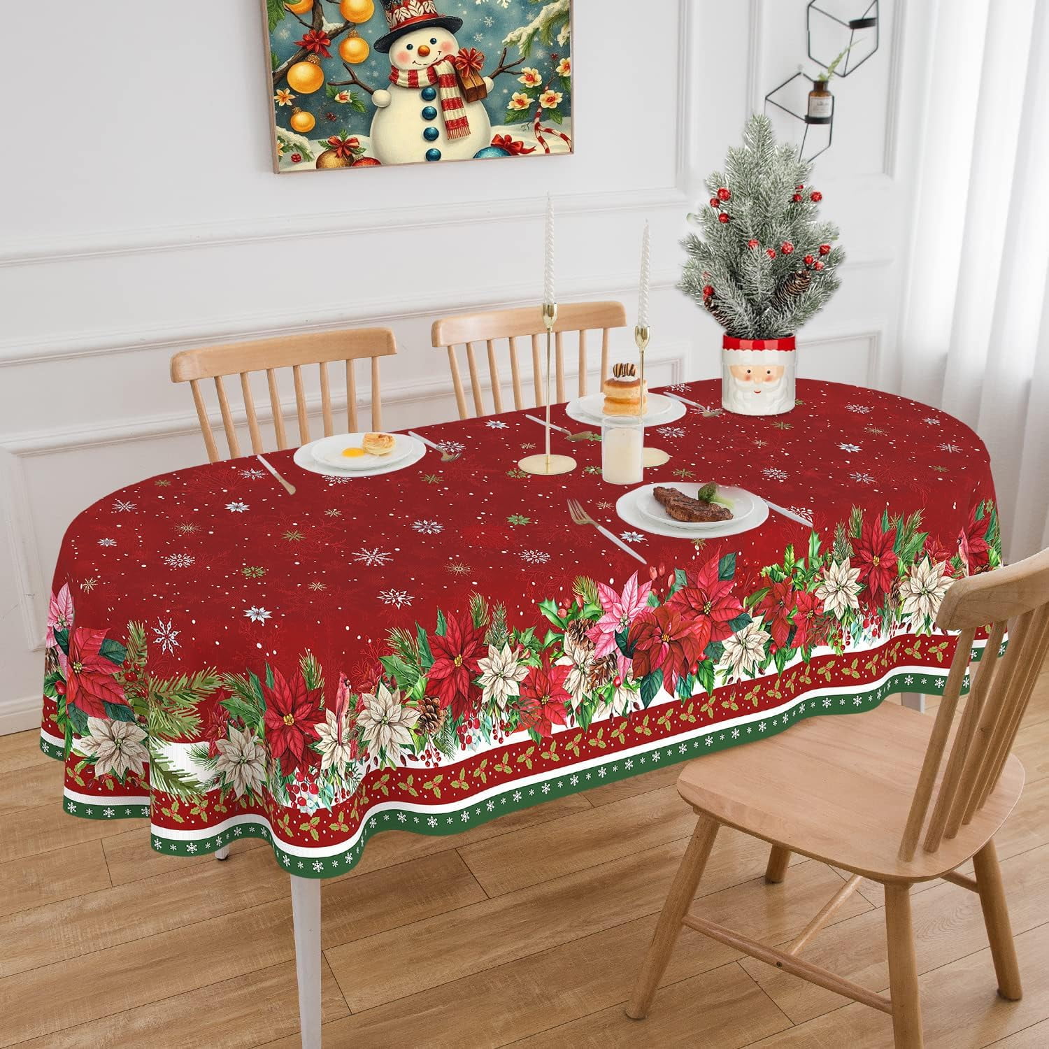 Red Christmas Tablecloth Oval 52x70 Inch, Holly Poinsettia Flowers Oval ...