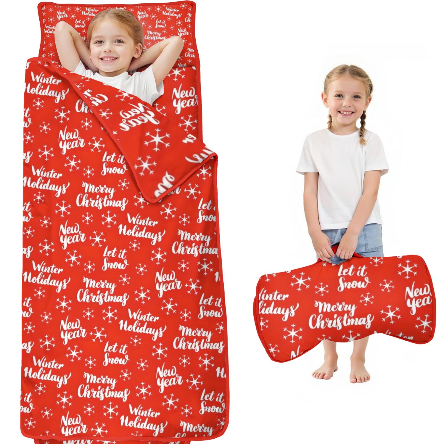Red Christmas Text and Snowflake Pattern Toddler Nap Mats for Kids ...