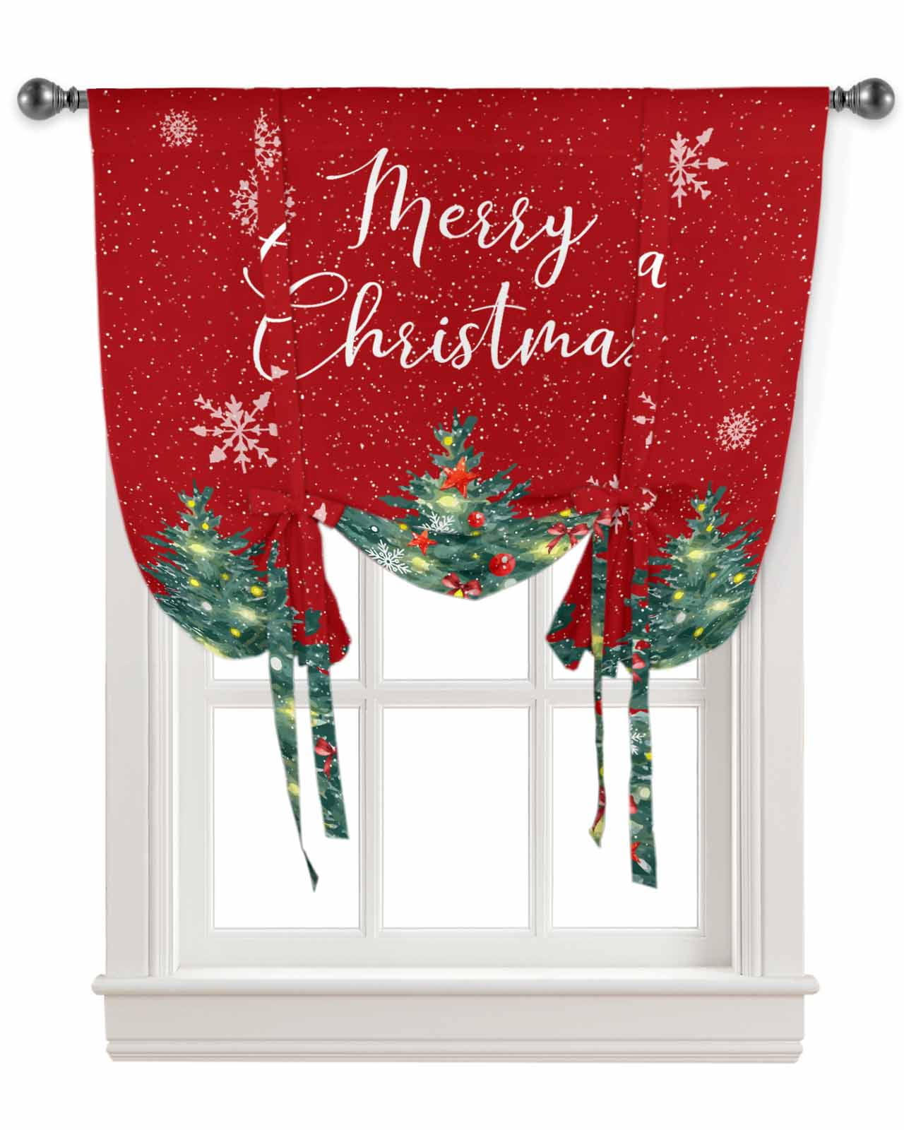 Red Christmas Tie Up Curtains for Window, White Snowflake Winter Xmas ...