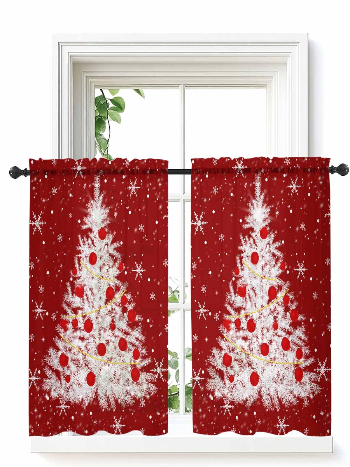 Red Christmas Tree Curtains 45 Inch Length, Sheer Curtains for Bedroom ...