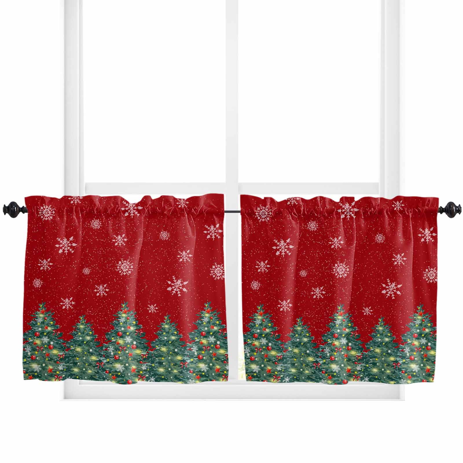 Red Christmas Tree Kitchen Curtain 2 Panels Tiers Curtains 36 Inch ...
