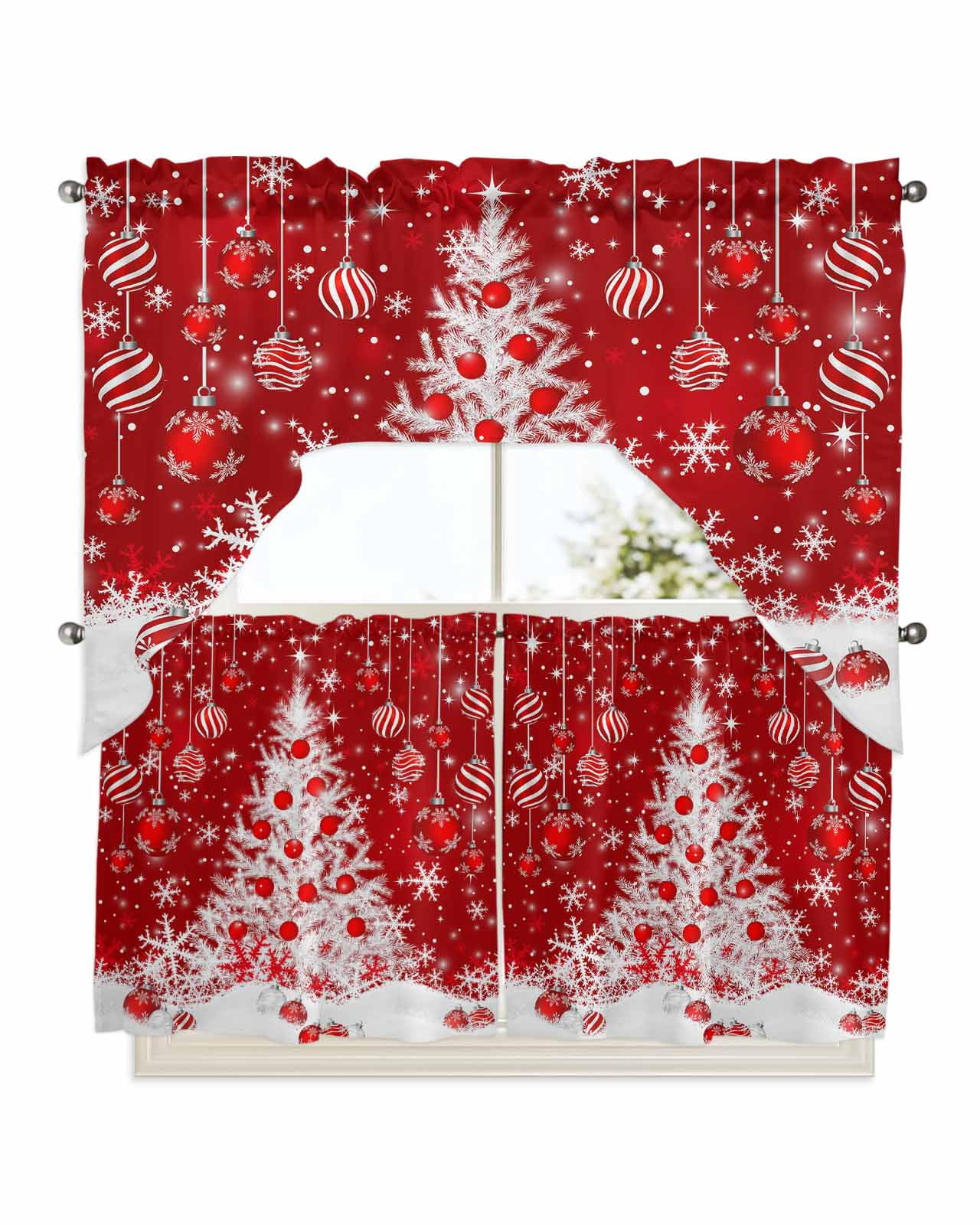 Red Christmas Tree Kitchen Curtains Swag Valance and Tier Curtains Set ...