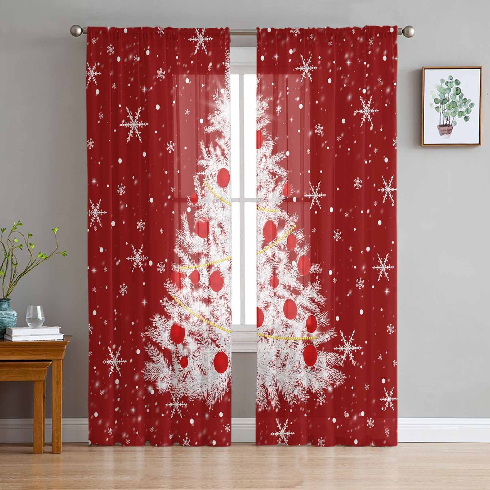 Red Christmas Tree Sheer Curtains 63 Inch Length 2 Panels Set for ...
