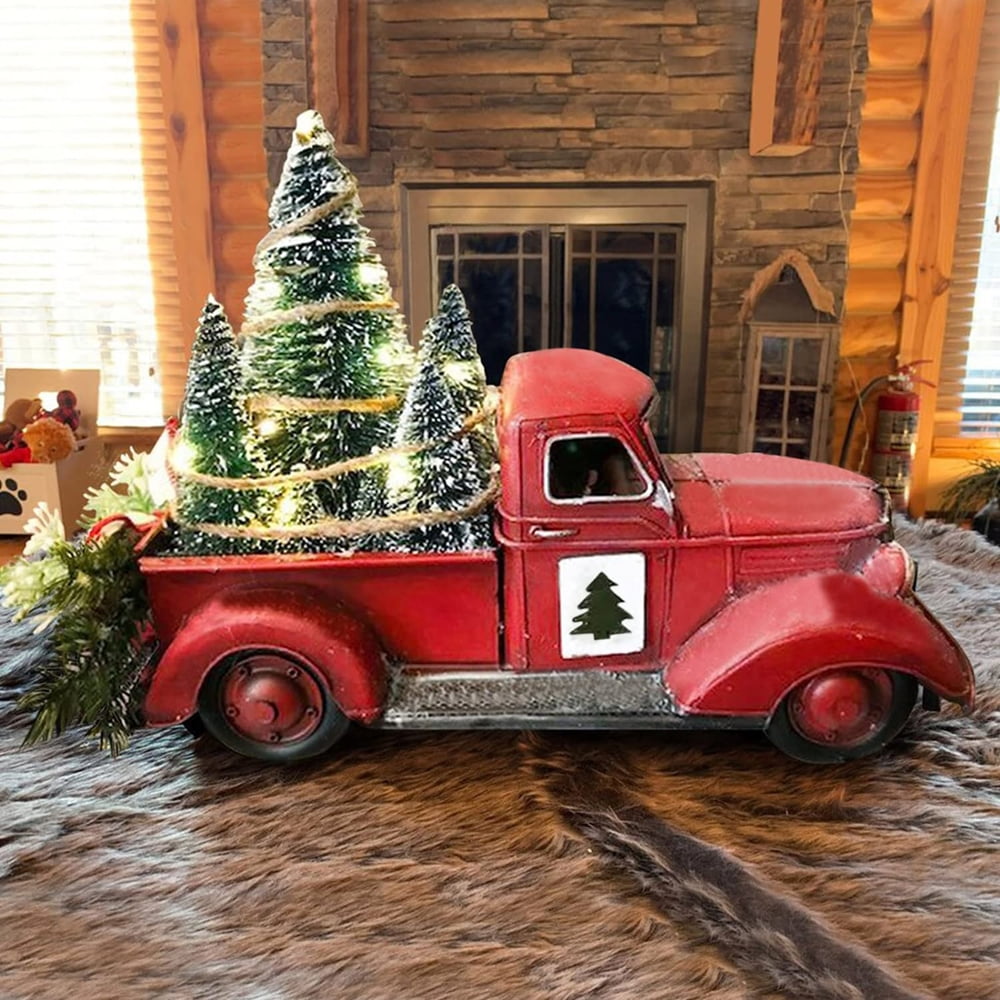 Rustic Red Christmas Truck with LED Lights, Mini Xmas Trees for Holiday ...