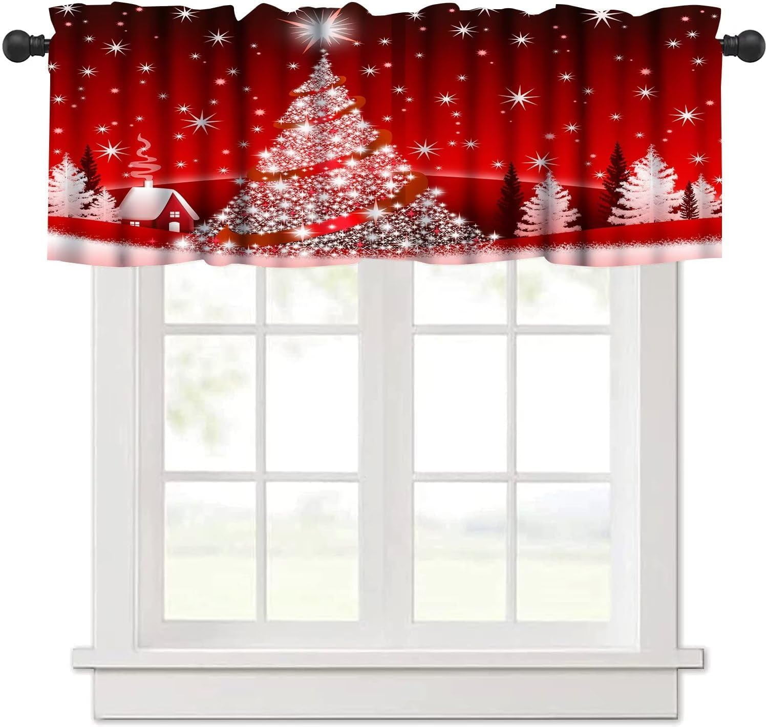 Red Christmas Valance Curtain for Kitchen Windows Snowflakes Xmas Tree ...