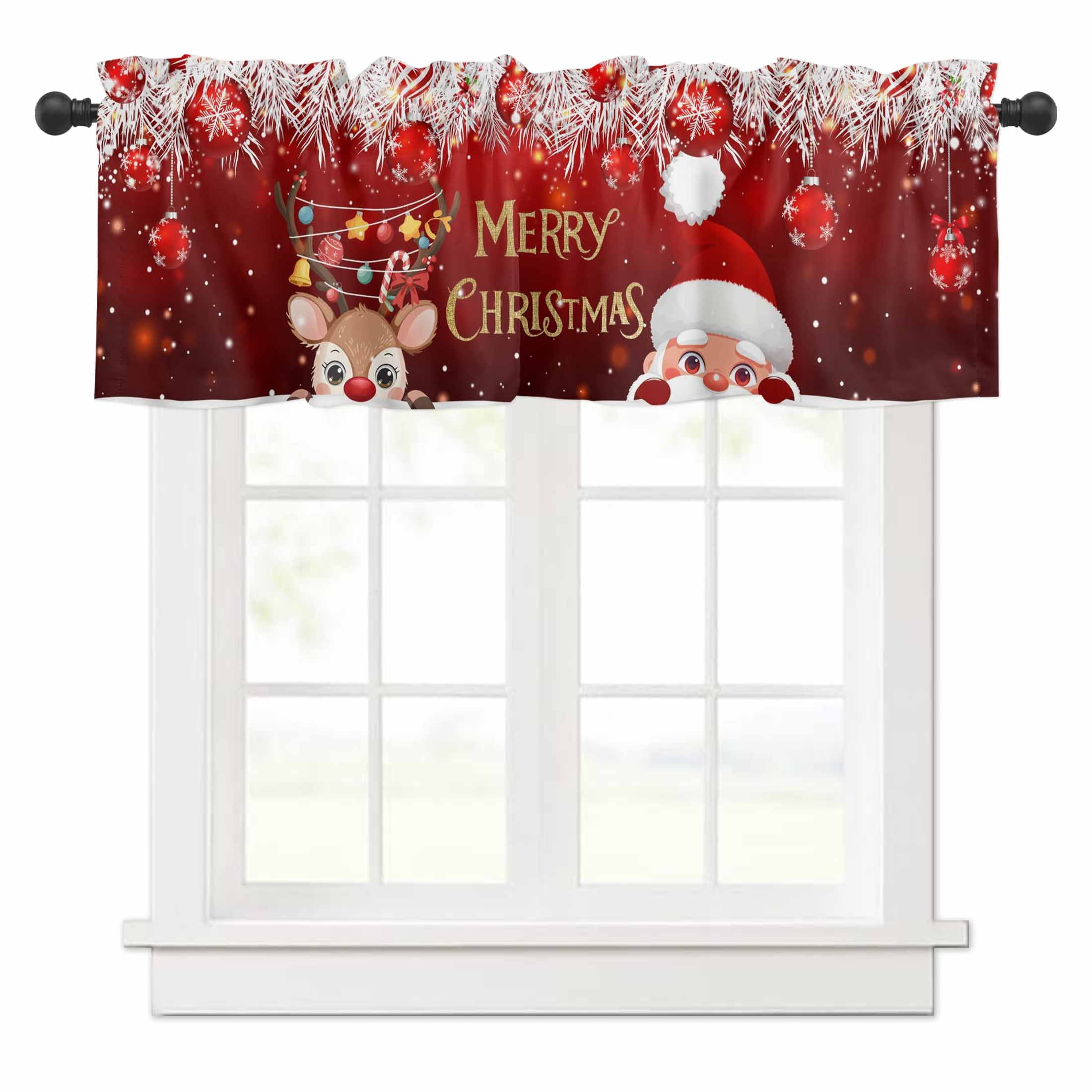 Red Christmas Valances for Windows Cute Santa Claus Deer Winter ...