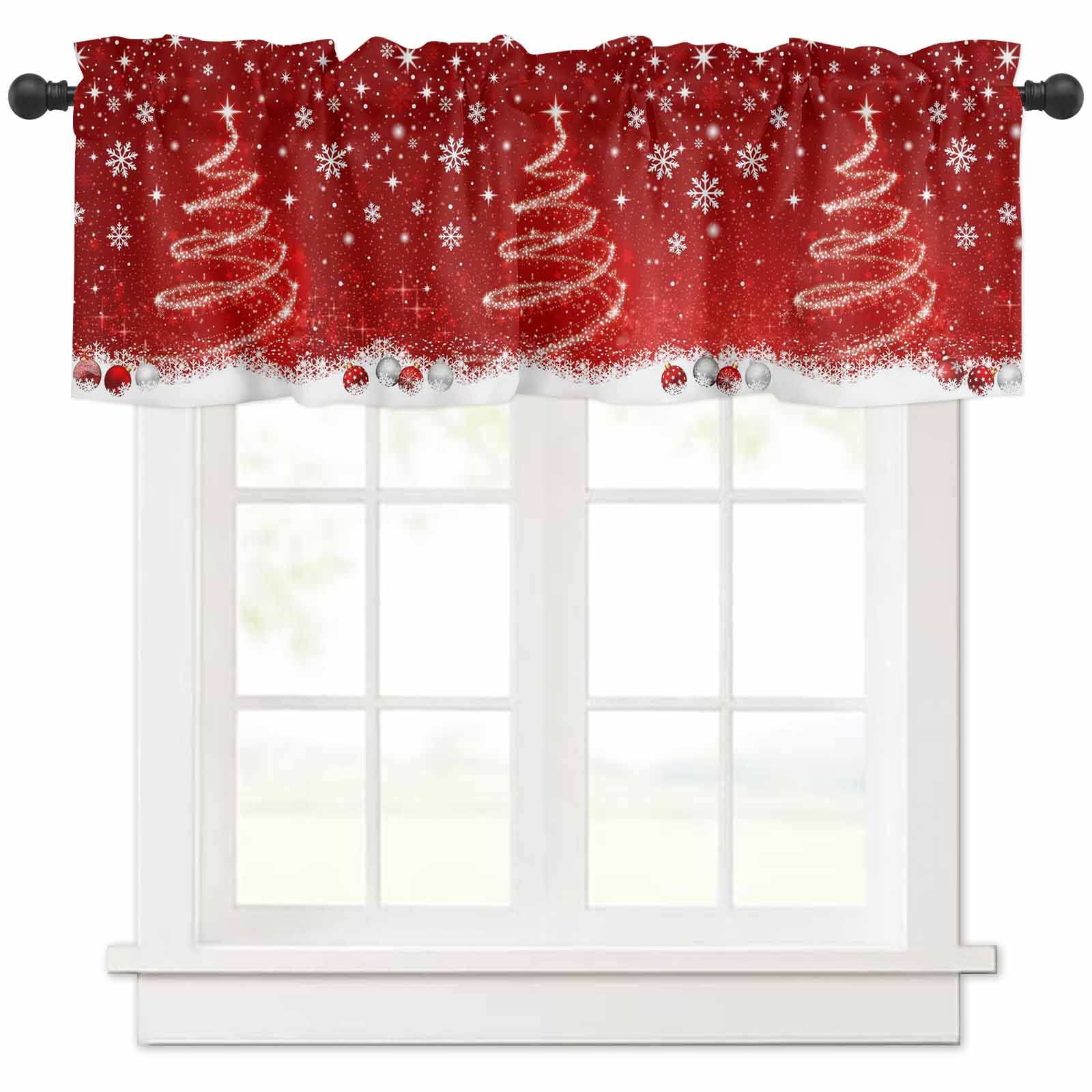 Red Christmas Valances for Windows, Shiny Star Xmas Tree Balls ...