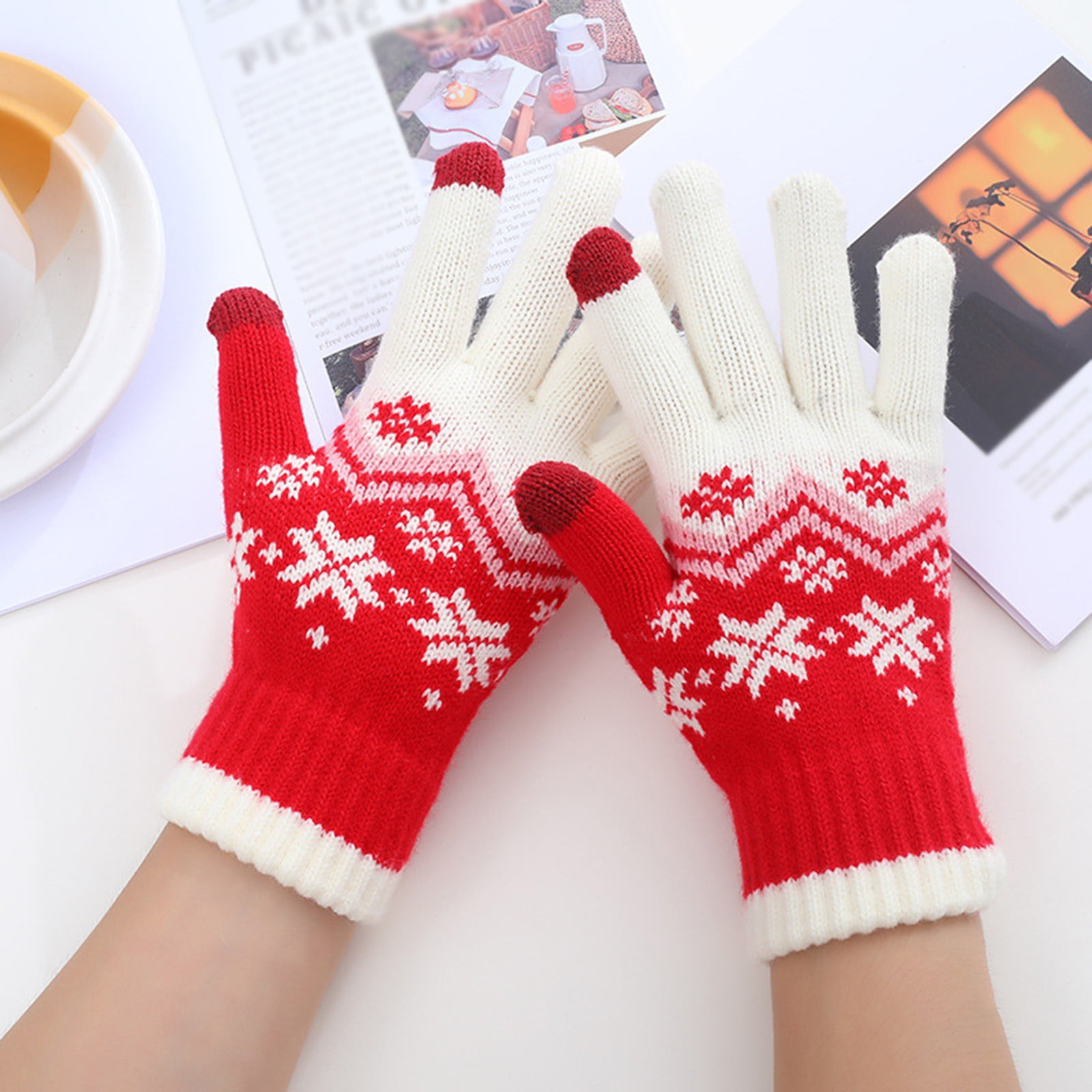 Red Christmas Women Can Enable Screen Gloves Warm Stretch Knitted ...