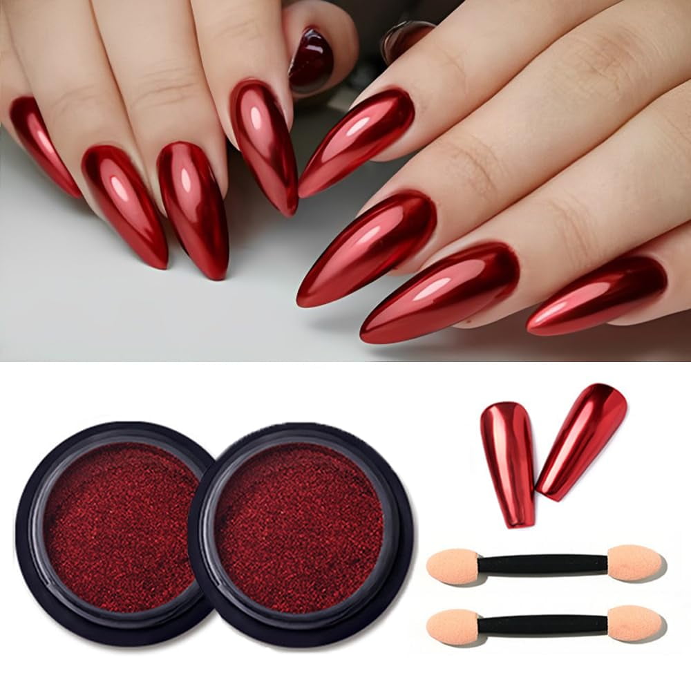 Red Chrome Nail Powder for Nail Art, 2 Boxes Metallic Mirror Effect 3D ...